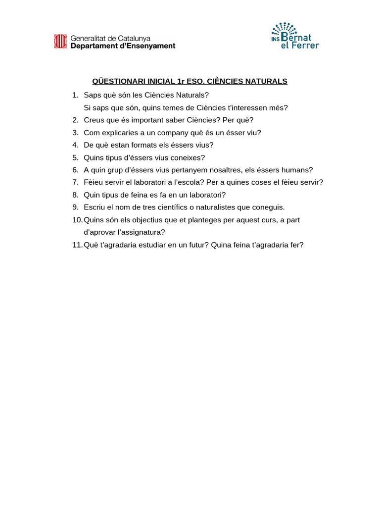 QUESTIONARI 1 ESO | PDF