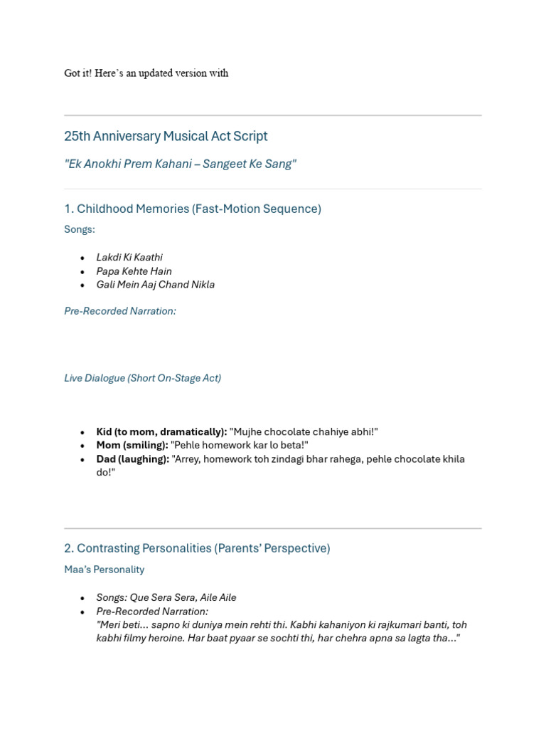 25th Anniversary Musical Act Script | PDF