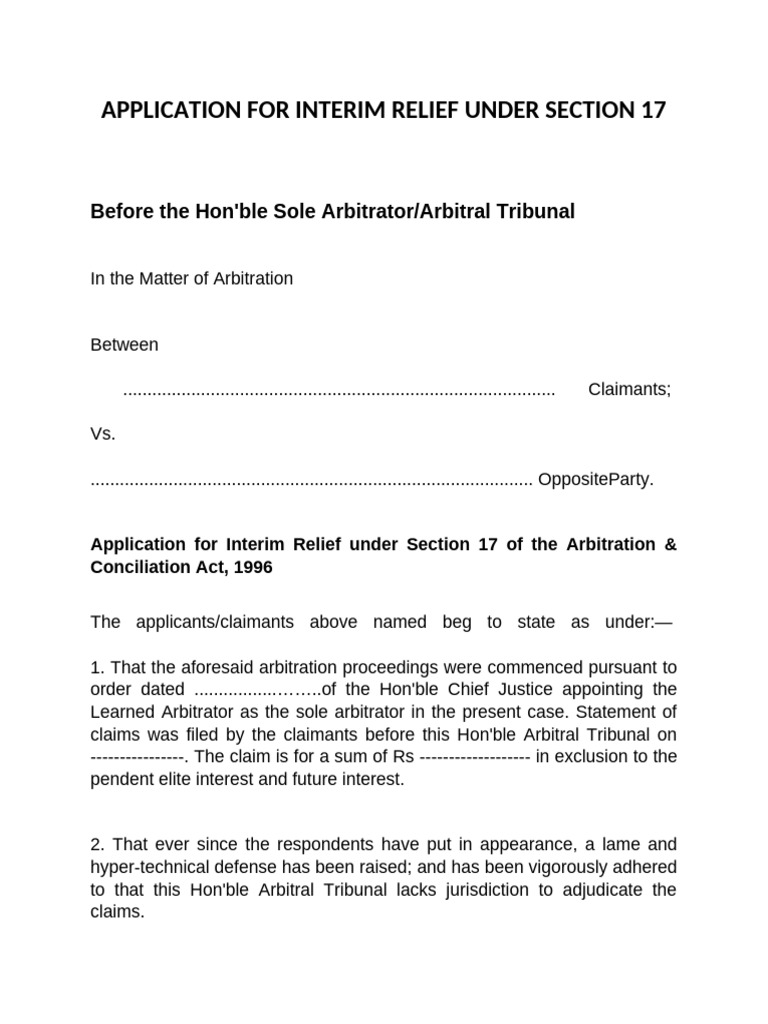Application For Interim Relief Under Section 17 | PDF | Arbitral Tribunal | Arbitration
