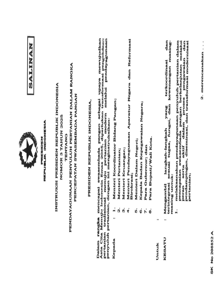 Inpres Ri No 3 Tahun 2025 TTG Pendayagunaan Penyuluh Pertanian DLM ...