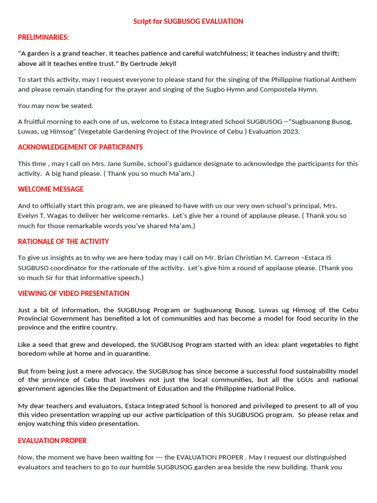 script for sugbusog evaluation | PDF