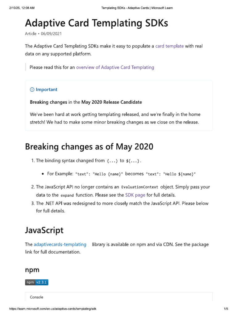 Adaptive Card Templating SDKs | PDF