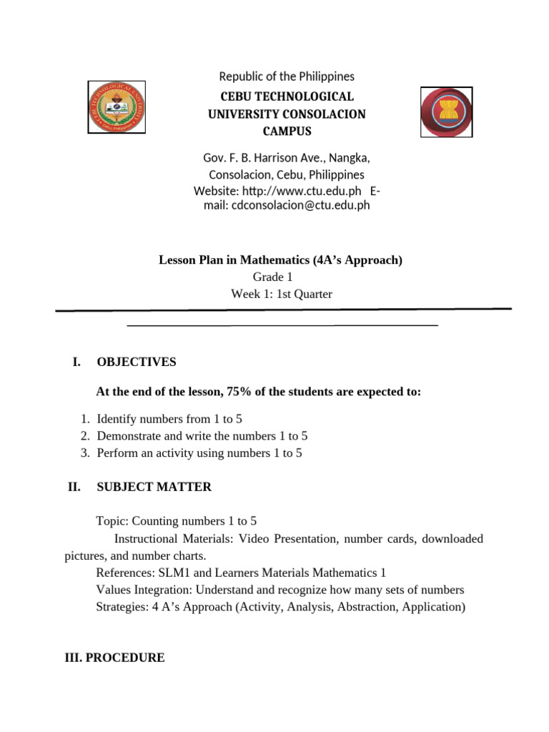 Grade 1 Math Lesson Plan: Counting 1-5 | PDF | Lesson Plan | Learning