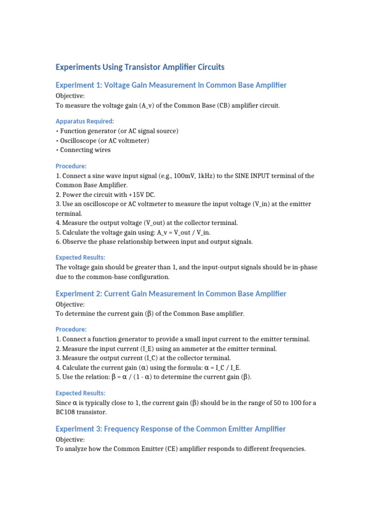 Transistor Amplifier Circuits Experiments | PDF | Amplifier | Voltage