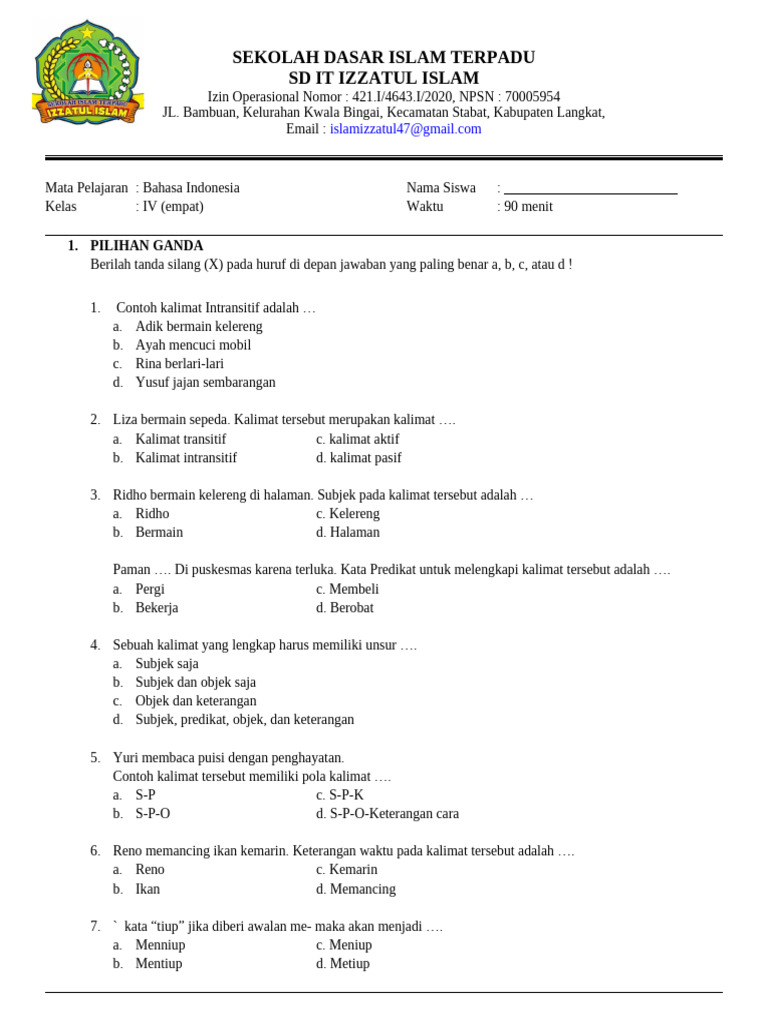 Soal Bahasa Indonesia Kelas IV | PDF