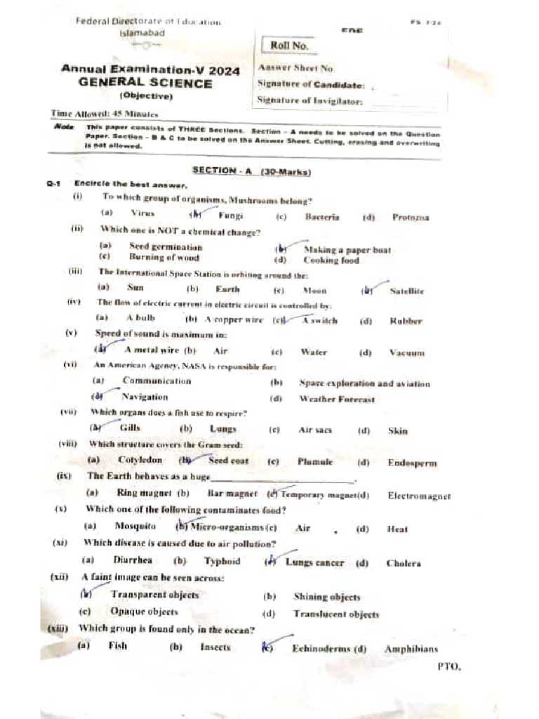 5th Class General Science Paper 2024 Pdf1-1 | PDF