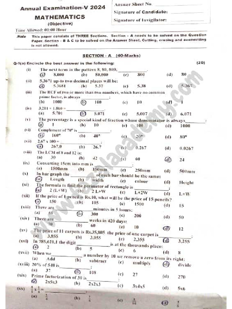 5th Class Mathematics Paper 20241 | PDF