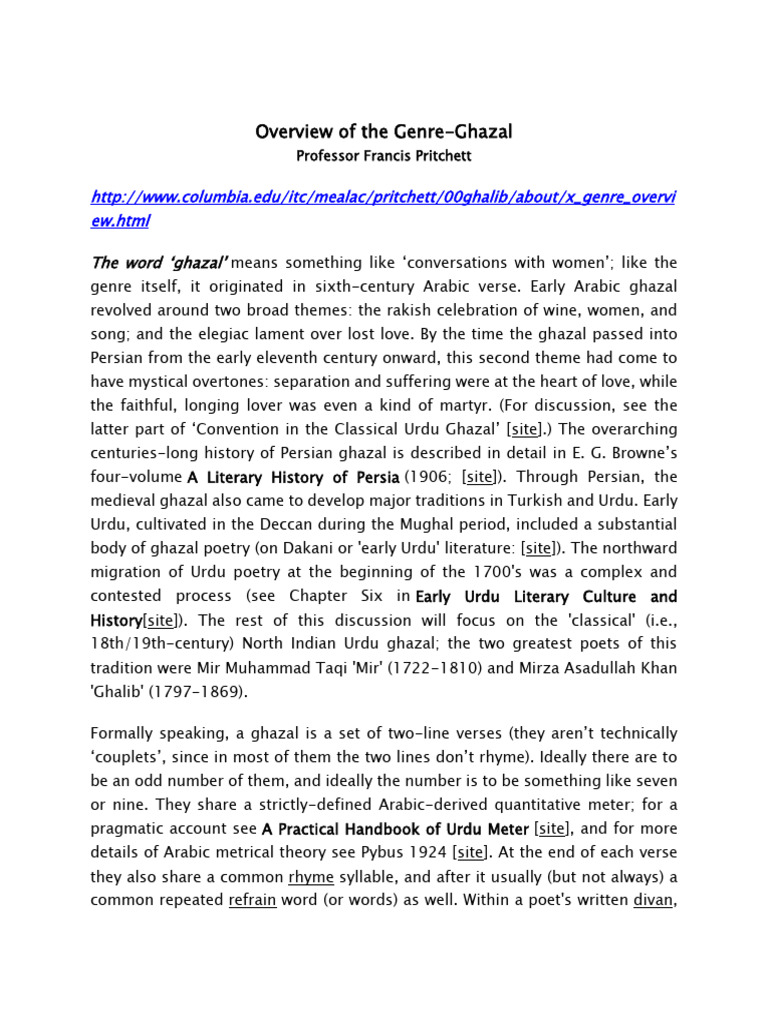 English - Ghazal - Overview of The Genre by Professor Pritchett | PDF ...