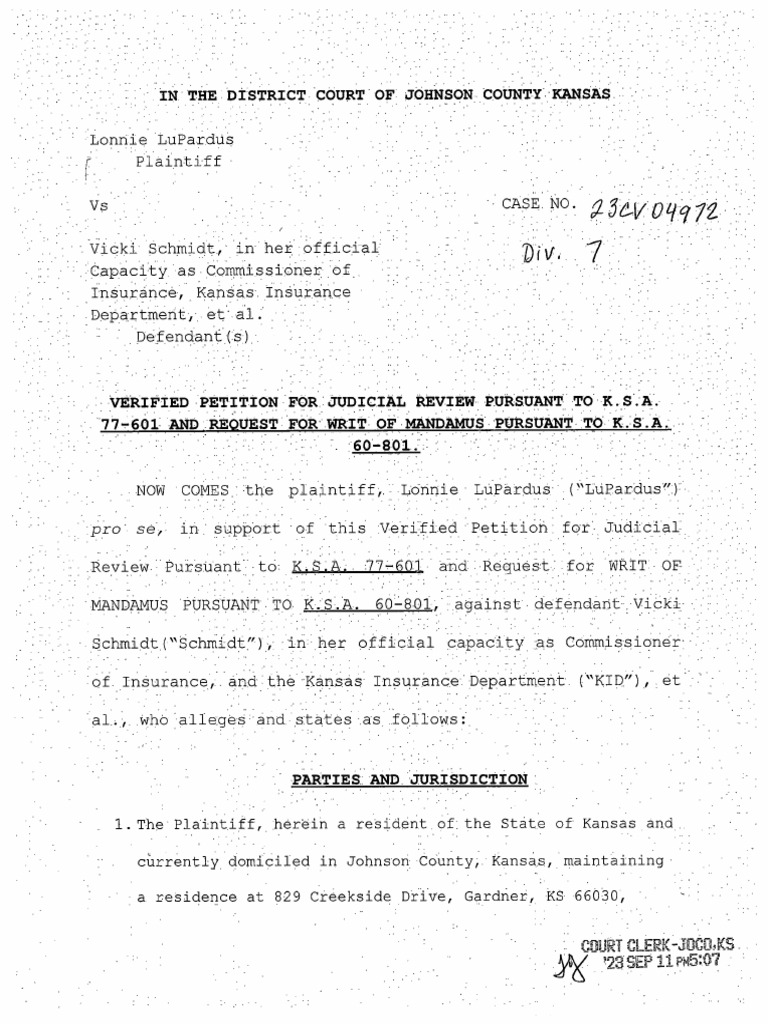 Lonnie LuPardus Vs Vicki Schmidt, Commissioner of Insurance For The ...