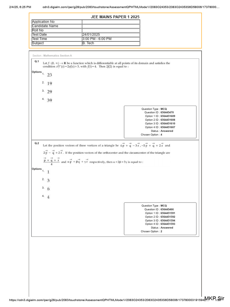 JEE MAINS-2025-JAN-24 SHIFT 2 | PDF | Multiple Choice | Educational Assessment And Evaluation