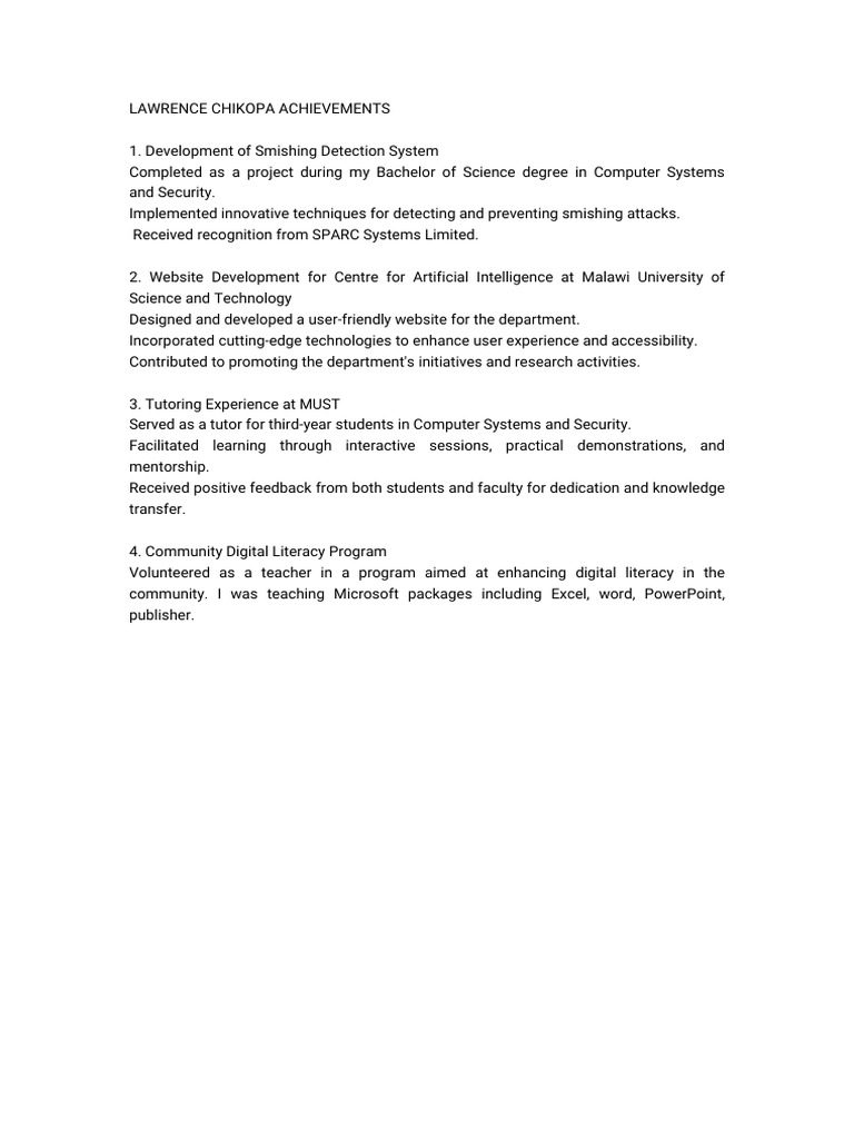 Lawrence Chikopa Achievement | PDF