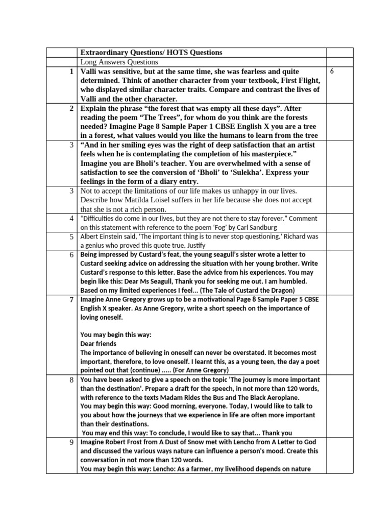 Class X HOTS Ques. Based on Sample Papers 1 | PDF | Anne Frank | Faith