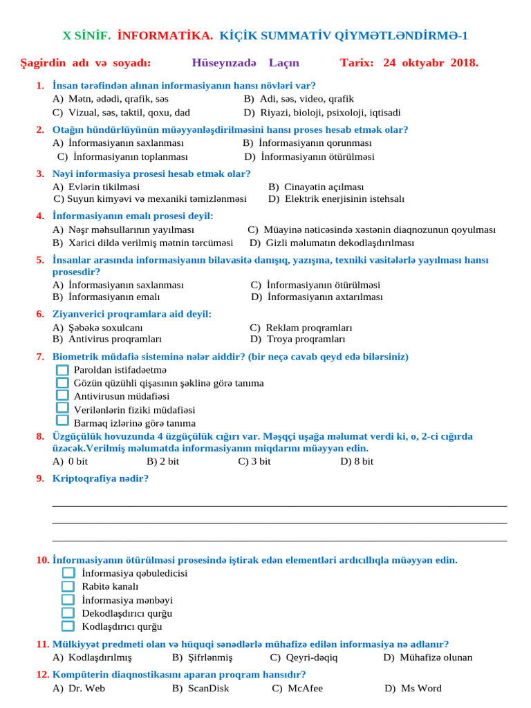 İnformatika 10-Cu Sinif ksq-1 Mürsəlzadə | PDF