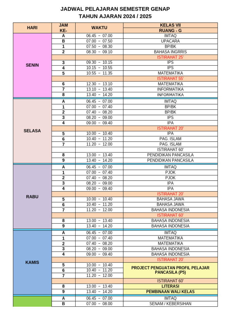 Jadwal Pelajaran SMT 2 - 2024 - 2025 - 7 | PDF