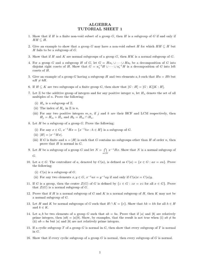 algebra tute sheet 1 | PDF | Group (Mathematics) | Number Theory