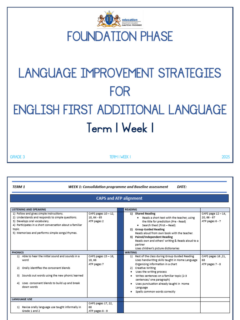 GAUTENG LRIP EFAL GRADE 3 TERM 1 WEEK 1 LESSON PLAN and BASELINE ...