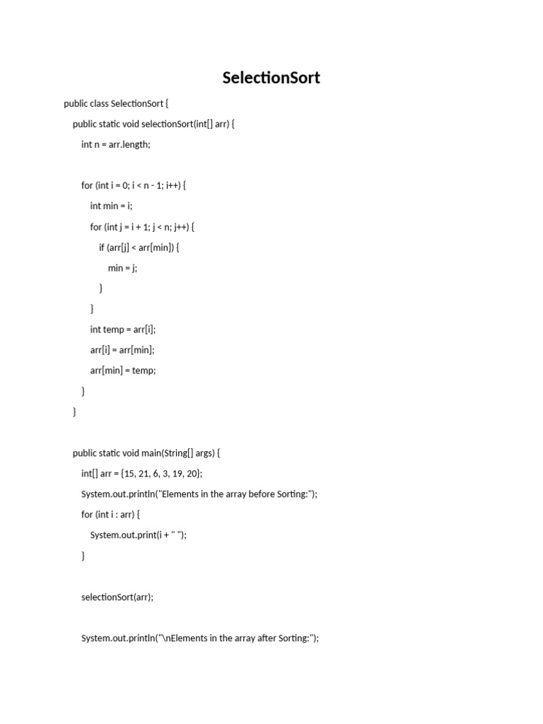 Java Selection Sort Example | PDF