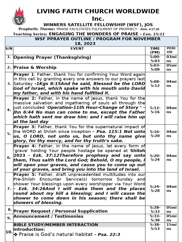 WSF Outline for 18th November 2023 (LFC JOS STATE HQT) | PDF | Prayer ...