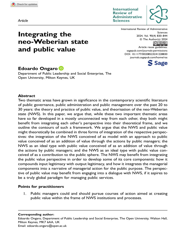 Integrating Neo-Weberian State and Public Value | PDF | Paradigm ...