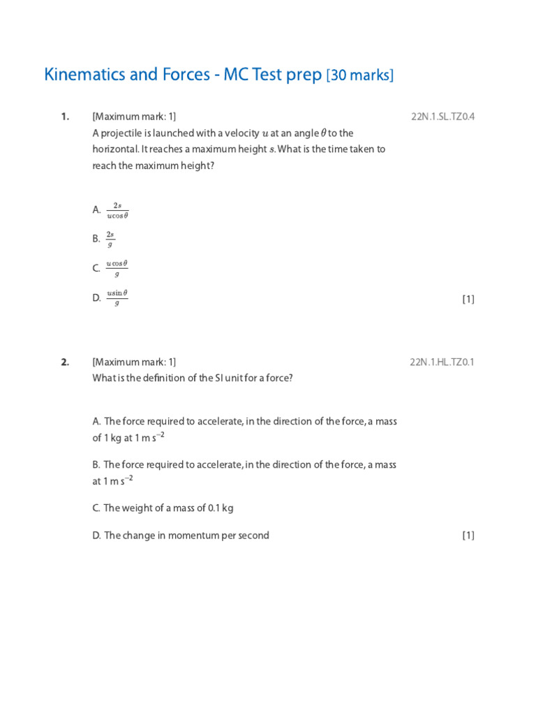 IB Physics Kinematics and Forces Multiple Choice Practice Test | PDF ...