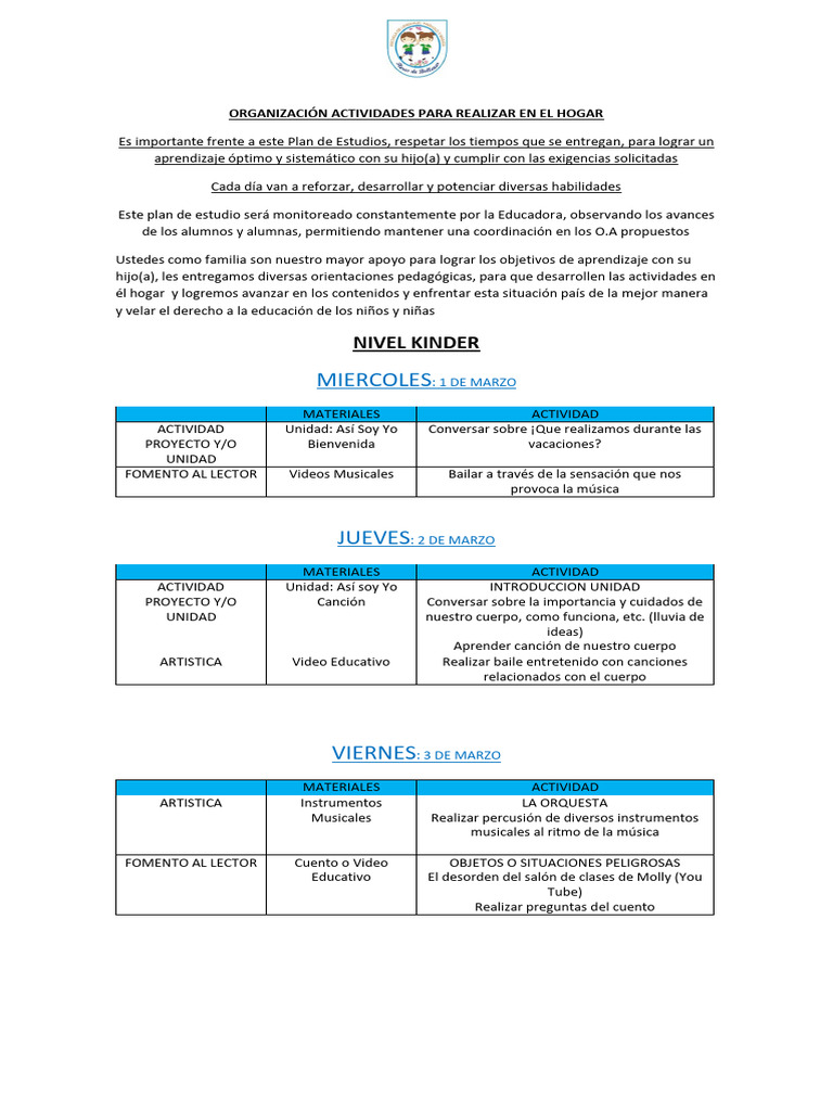 Plan de Estudio Kinder Marzo | PDF | Educación de la primera infancia ...