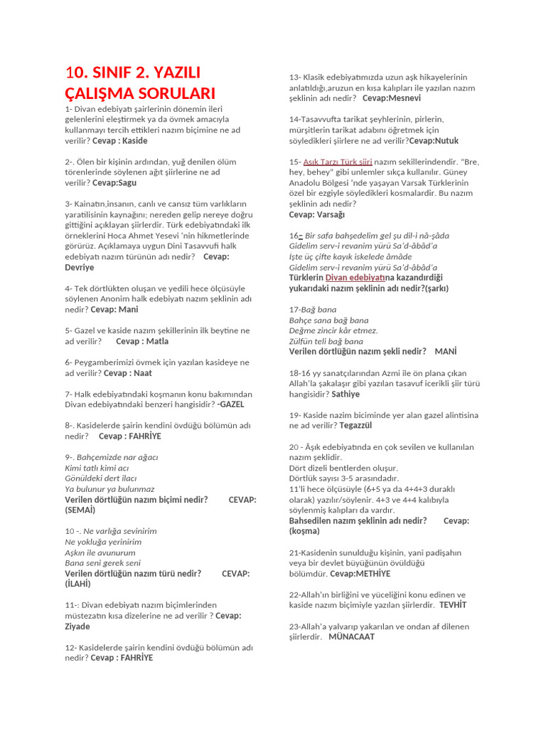 S N F Edebiyat 2. Yaz L Ya Haz RL K Sorular D R | PDF
