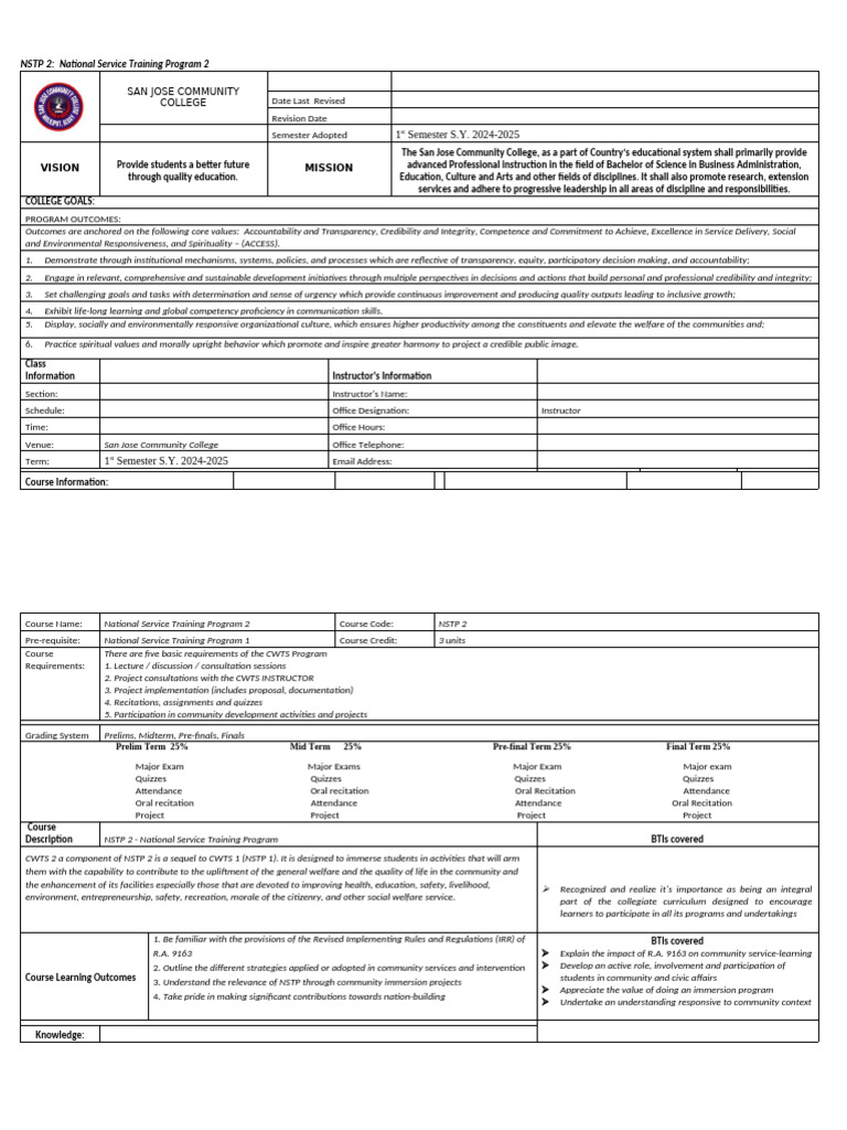 OBE SYLLABUS NSTP 2 | PDF | Learning | Disciplines