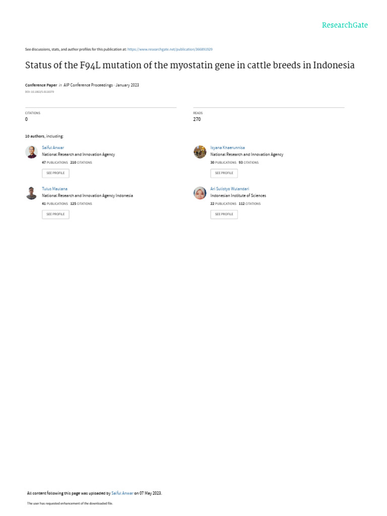 Status of The F94L Mutation of The Myostatin Gene in Cattle Breeds in ...