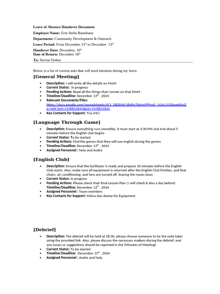 Leave of Absence Handover Document | PDF