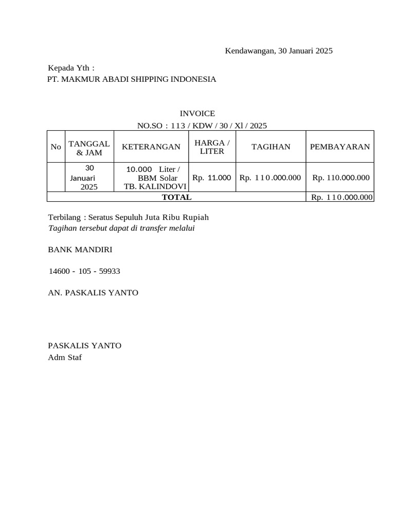 Invoice BBM Solar Januari 2025 | PDF