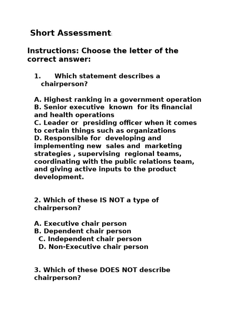 Chairperson Role Assessment Quiz | PDF
