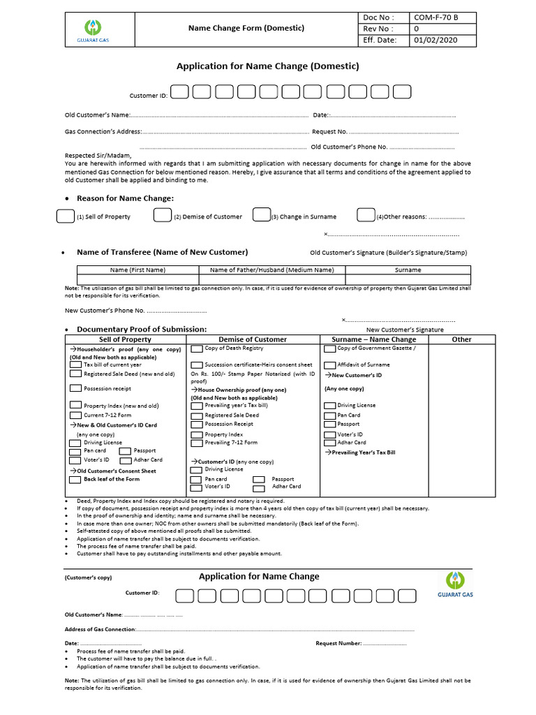 Gas Connection Name Change Application | PDF | Identity Document | Receipt