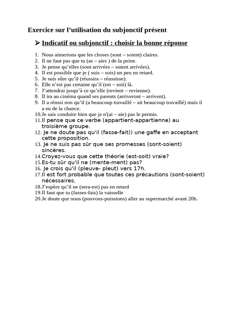Exercices sur le subjonctif présent | PDF