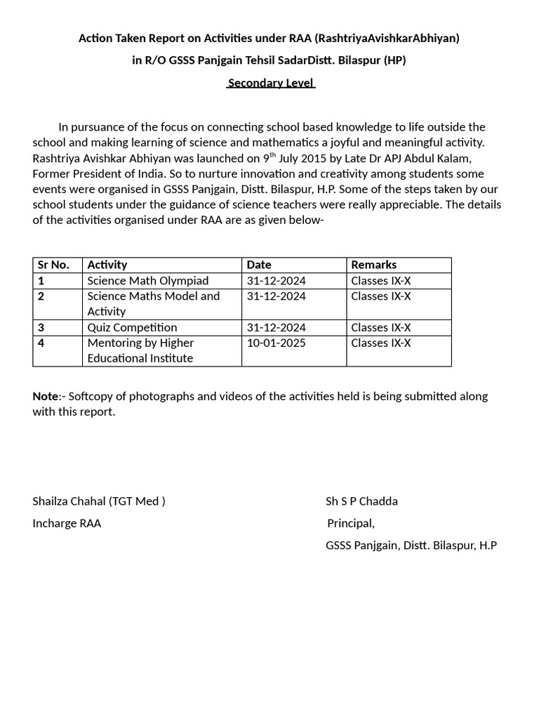 RAA Activities Report for GSSS Panjgain | PDF | Inquiry | Science