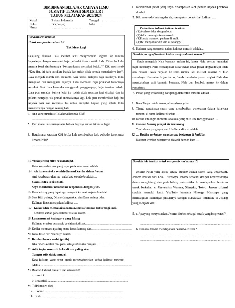 Soal Bahasa Indonesia Kelas 4 | PDF