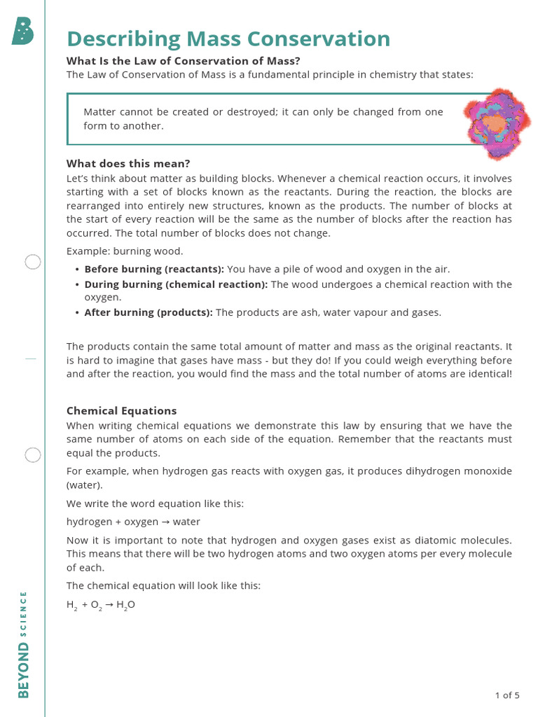 Describing Mass Conservation Worksheet | PDF | Chemical Reactions | Oxide
