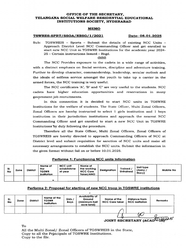 Memo Instructions To All The Principals of TGSWREIS To Establish A NCC ...