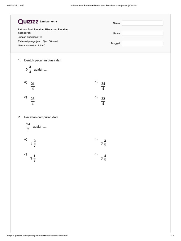(2 Rangkap) Matematika 4 Kelas 4 | PDF
