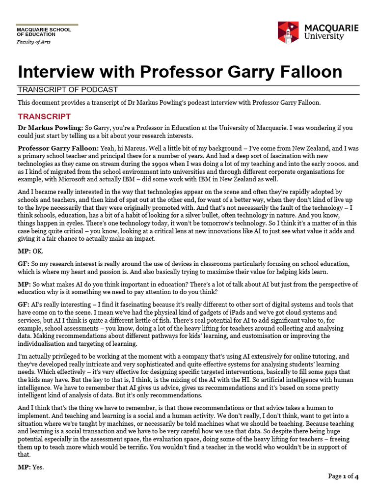 Transcript of Podcast With Professor Garry Falloon | PDF | Artificial ...