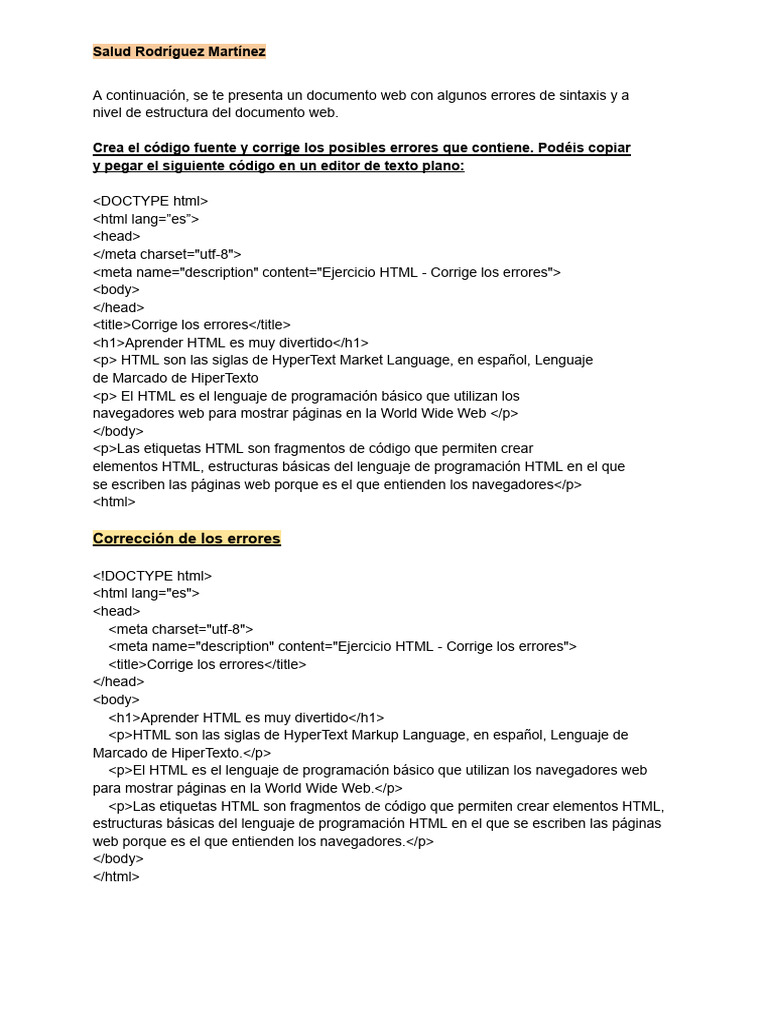 Ejercicio HTML - Corrige los errores | PDF