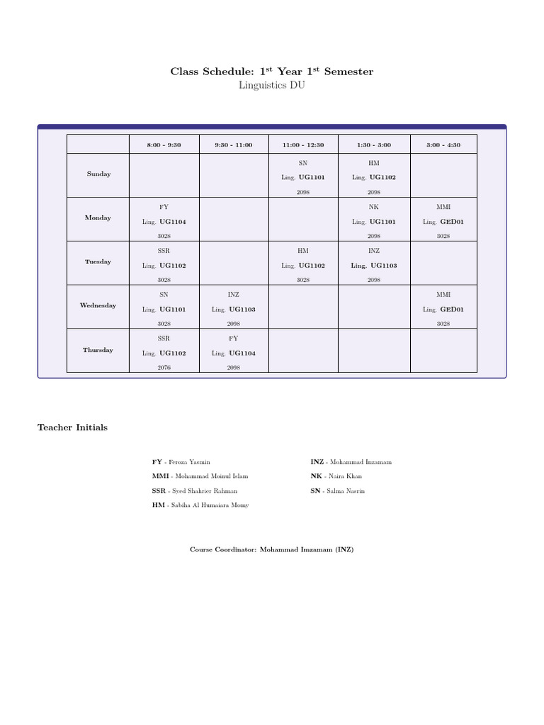 Class Schedule: 1 Year 1 Semester: Linguistics DU | PDF