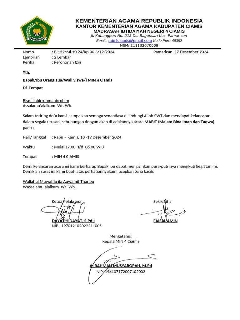 Surat Izin Orang Tua Mabit 2024 | PDF