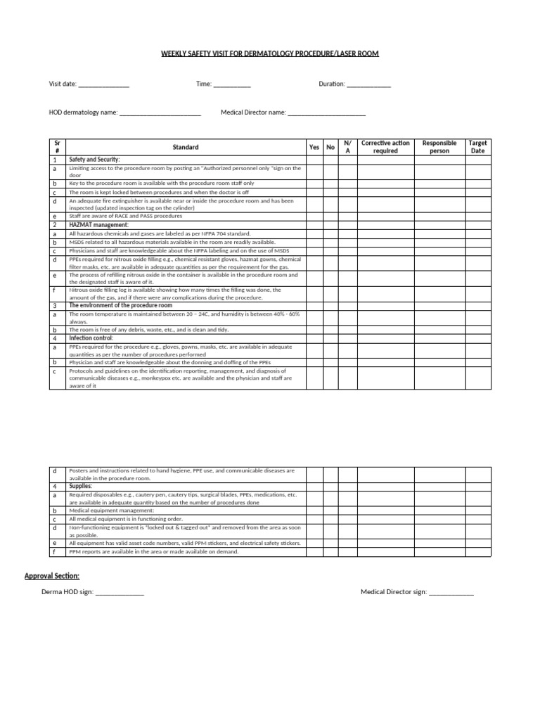 Weekly Dermatology Procedure Laser Room Safety Checklist | PDF ...