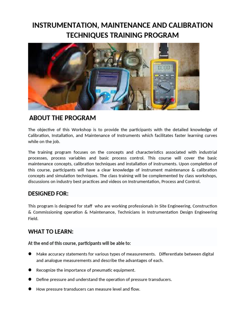 Instrumentation, Maintenance and Calibration Techniques Training for ...