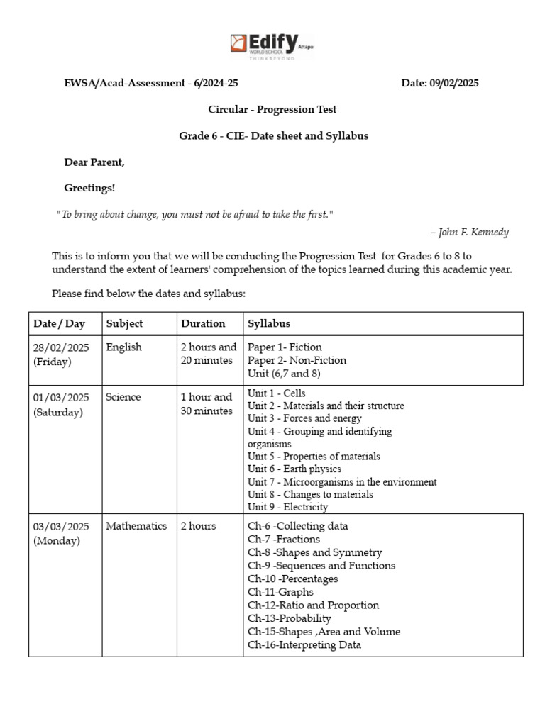 Grade 6 Progression Test Schedule 2025 | PDF