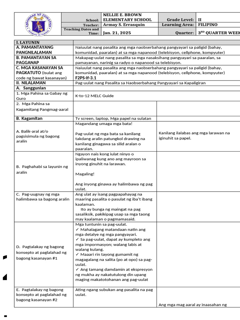 FILIPINO Week 6 Day 1 | PDF