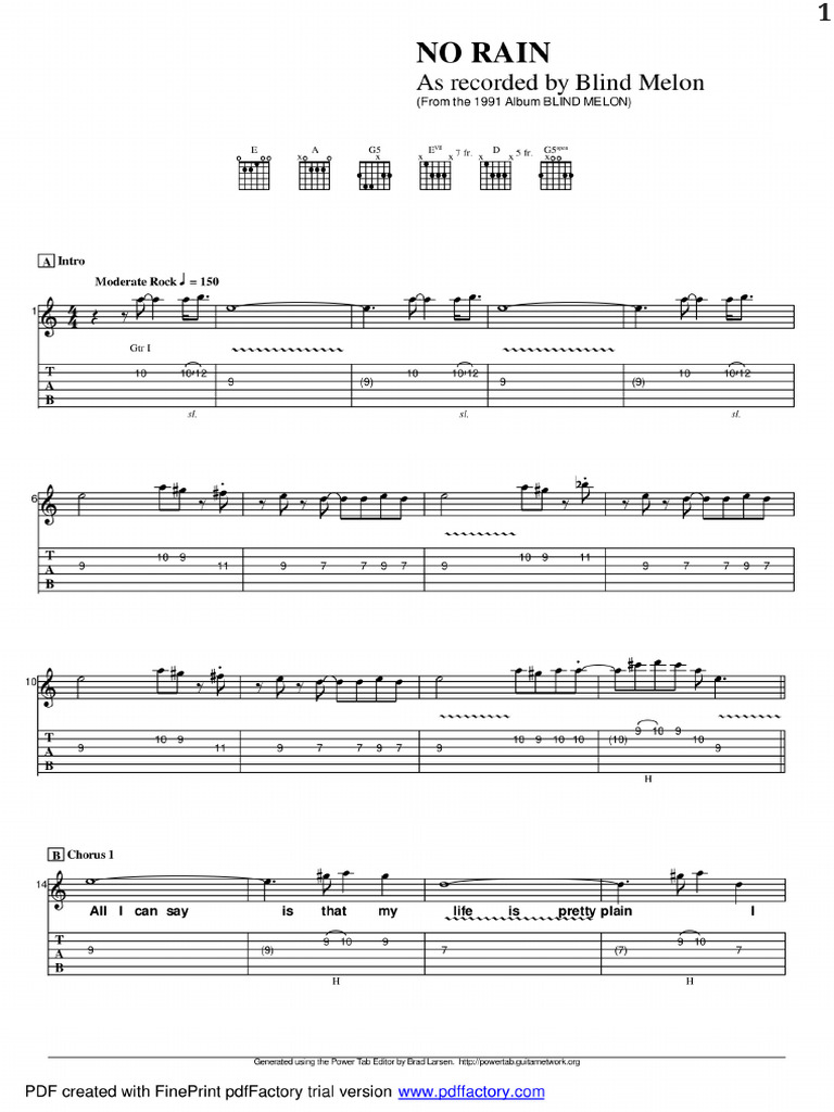 No Rain_Blind Melon_Lead Guitar_Music Sheet & Tab | PDF