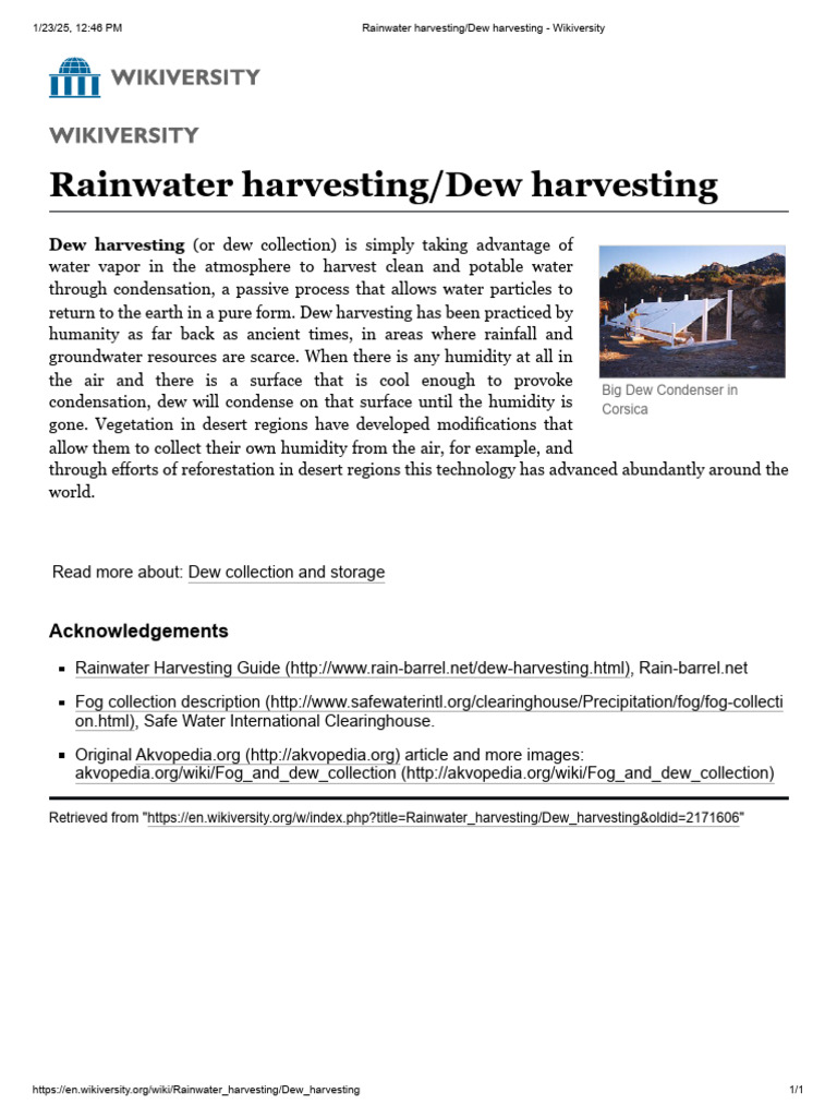 Rainwater Harvesting - Dew Harvesting - Wikiversity | PDF