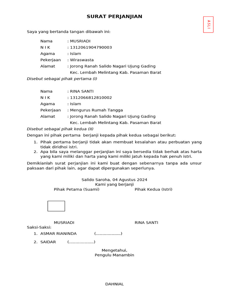 Surat Perjanjian Suami Istri | PDF