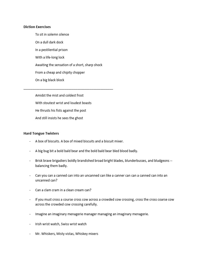 Diction and Tongue Twister Exercises | PDF